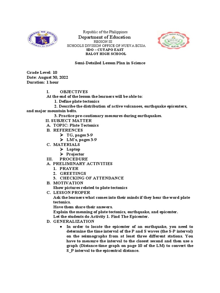 Lesson Plan Grade 10 | PDF | Lesson Plan | Earthquakes