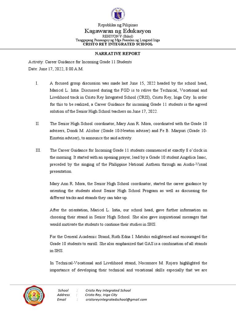 Narrative Report Career Guidance | PDF