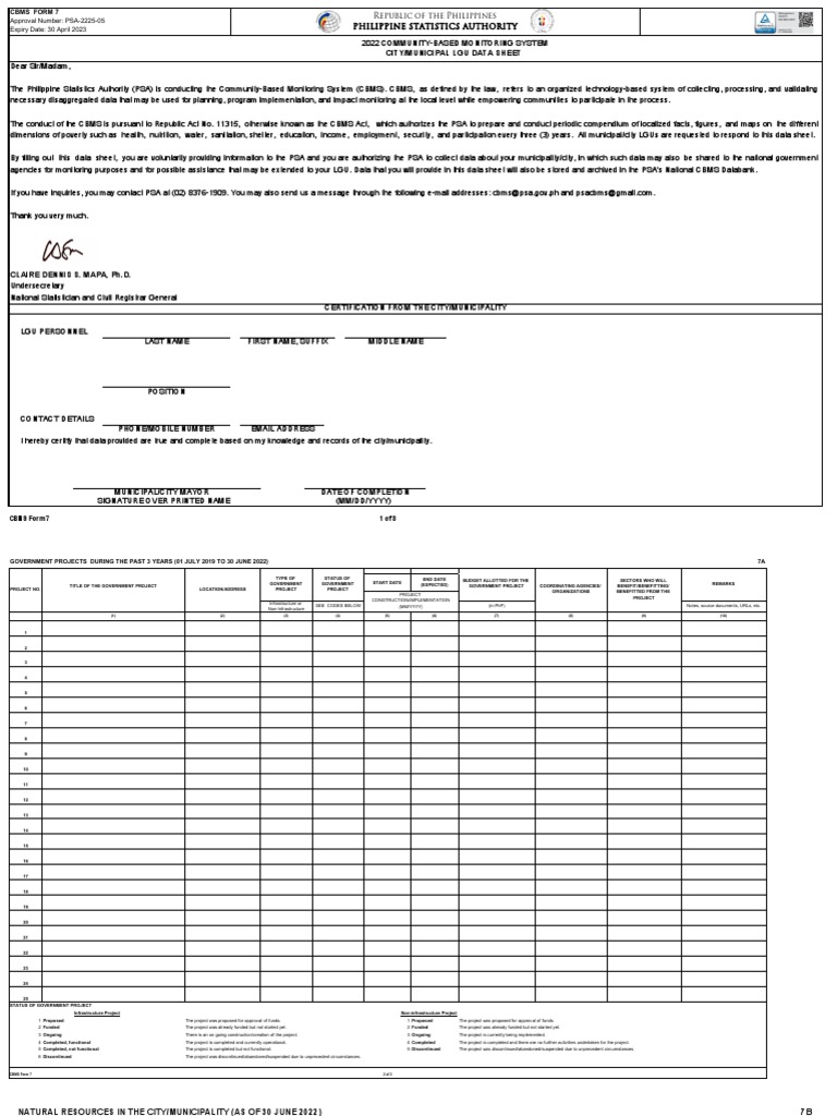 5 - 2022 CBMS Form 7 - MunicipalCity LGU Data Sheet A0 14062022 - Rev - CRD Signed | PDF