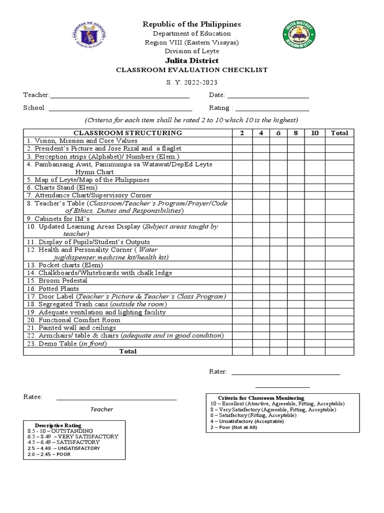 Classroom Structuring Evaluation Score Card For SH | PDF | Classroom ...
