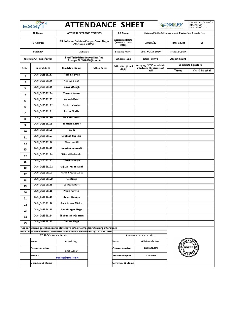 Attendance Sheet 27-07-2022 2111535 | PDF