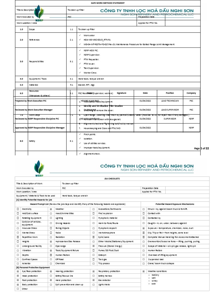JSA For Filter Cleaning by Steam and Water Manually | PDF | Personal ...