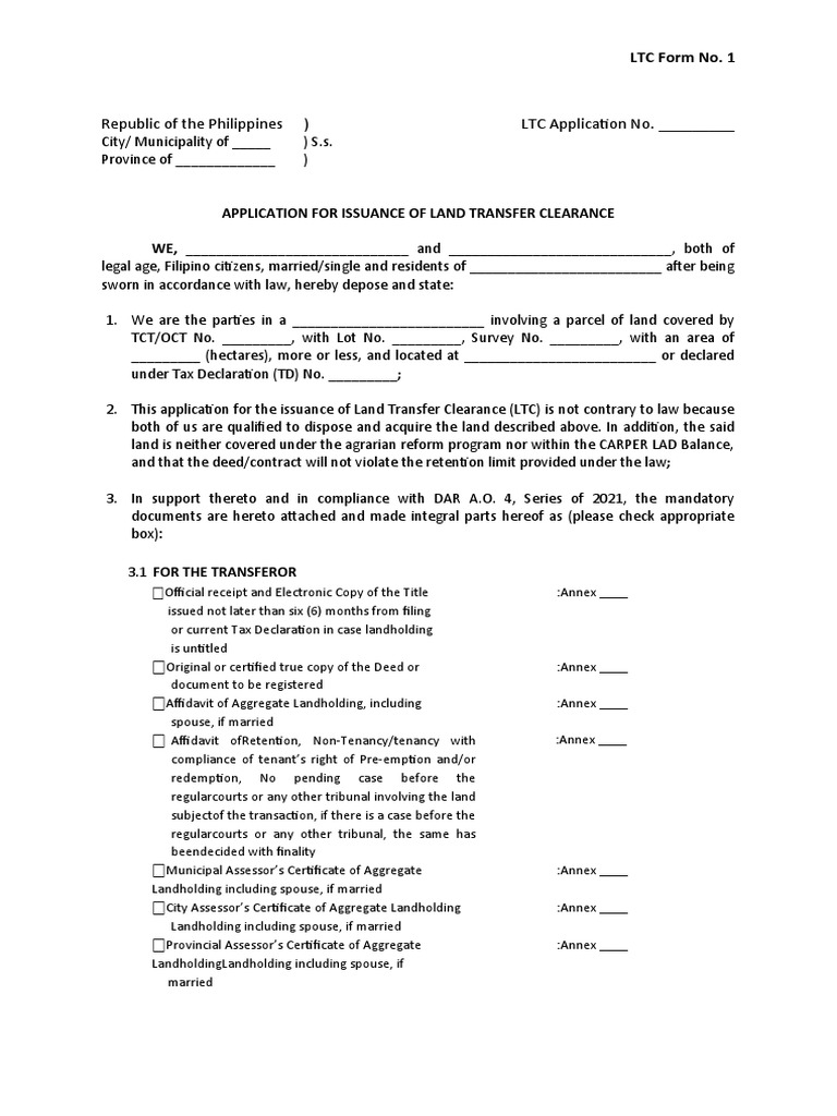 Application For Issuance of Land Transfer Clearance | PDF | Affidavit ...