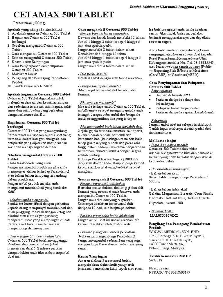 Cetamax 500 Tablet Paracetamol WINWA MEDICAL SDN. BHD. 5sep2018 BM | PDF