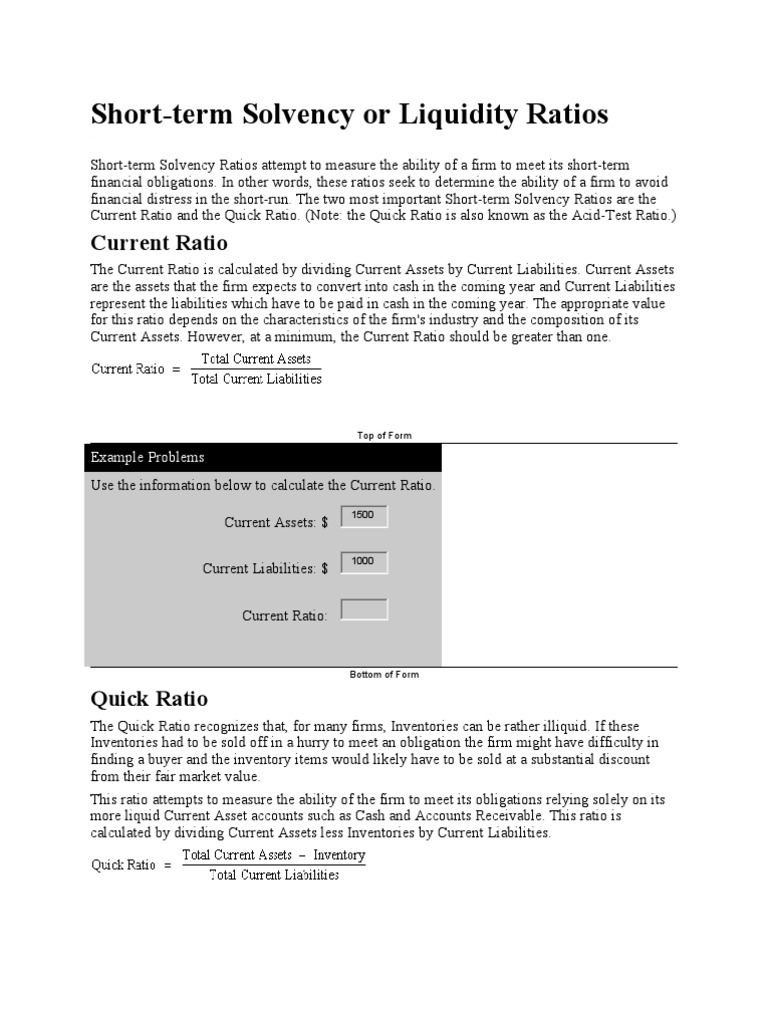 Short-Term Solvency or Liquidity Ratios: Current Ratio | PDF | Equity ...