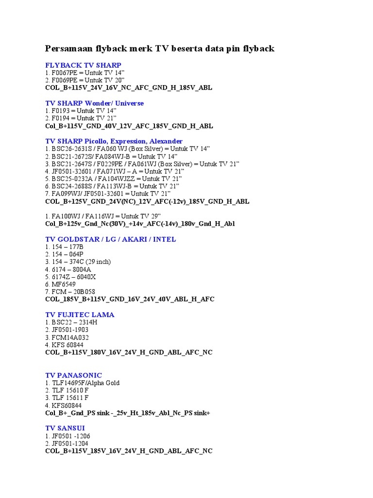 Persamaan Flyback Merk TV Beserta Data Pin Flyback | PDF