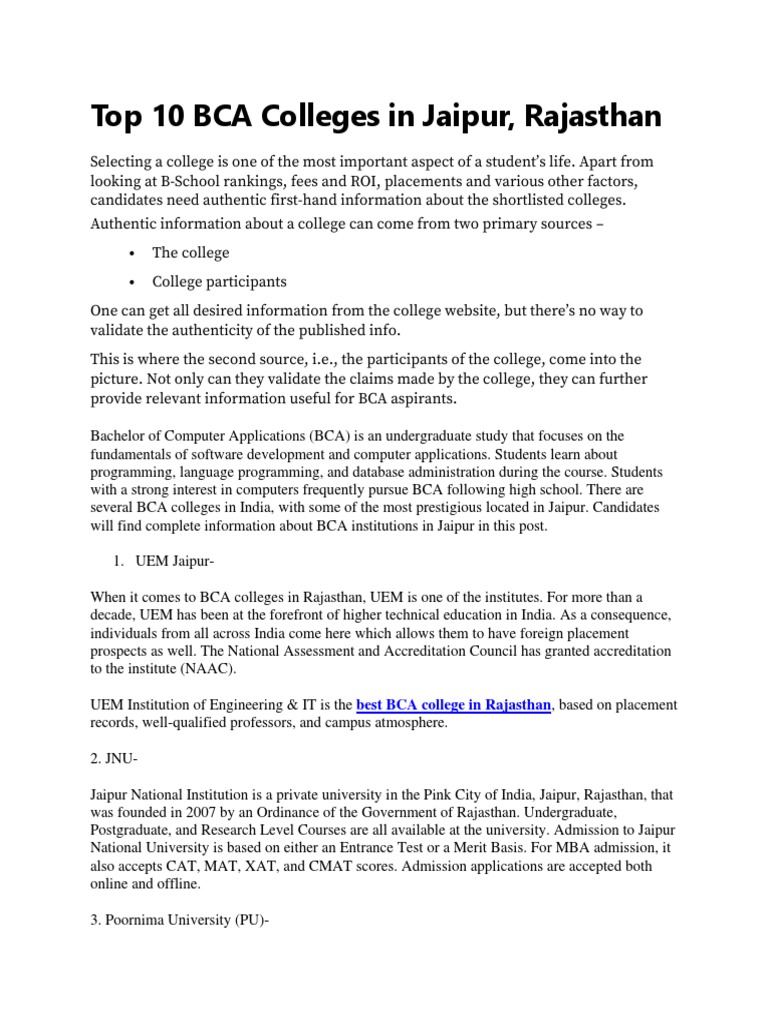 Best BCA College in Rajasthan | PDF | University And College Admission | Postgraduate Education