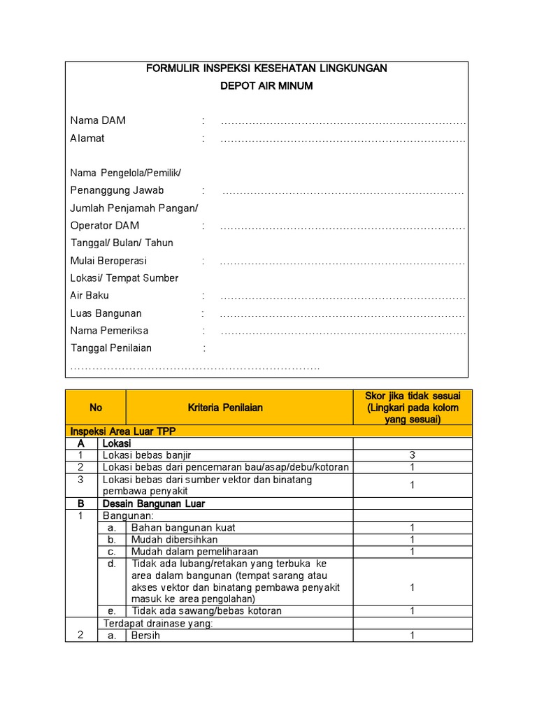 Formulir Inspeksi Kesehatan Lingkungan Depot Air Minum | PDF