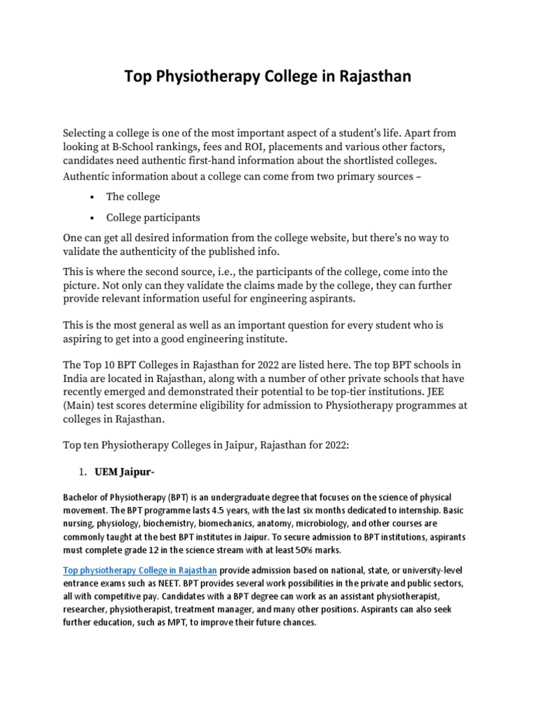 Top Physiotherapy College in Rajasthan | PDF | Physical Therapy ...