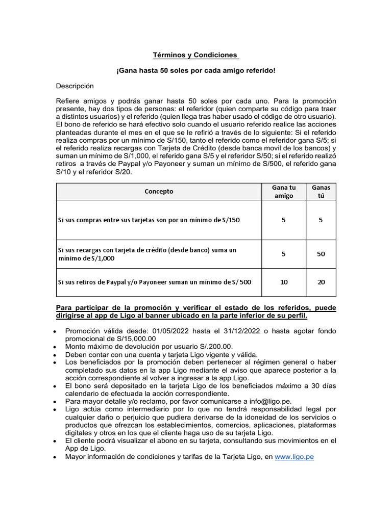 Términos y Condiciones Referidos Ligo 1 | PDF | Aplicación movil | Bancos