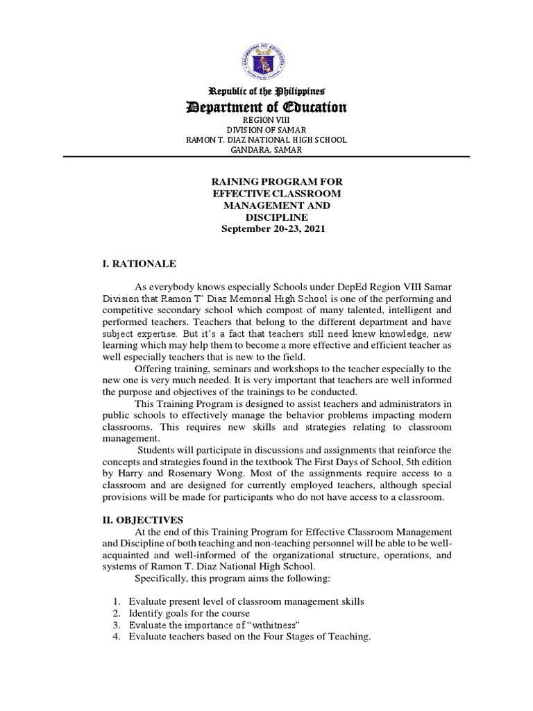 Training Proposal For Effective Classroom Management and Discipline Final | PDF | Teachers ...
