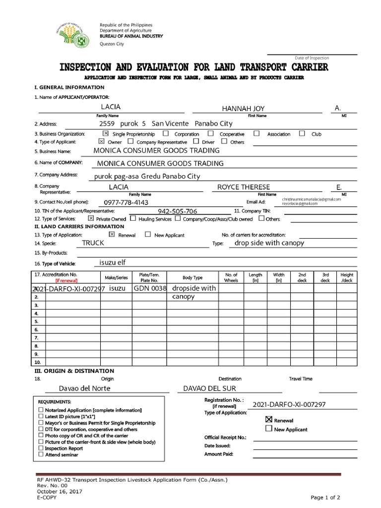 RF AHWD-32 Transport Inspection Livestock Application Form | PDF