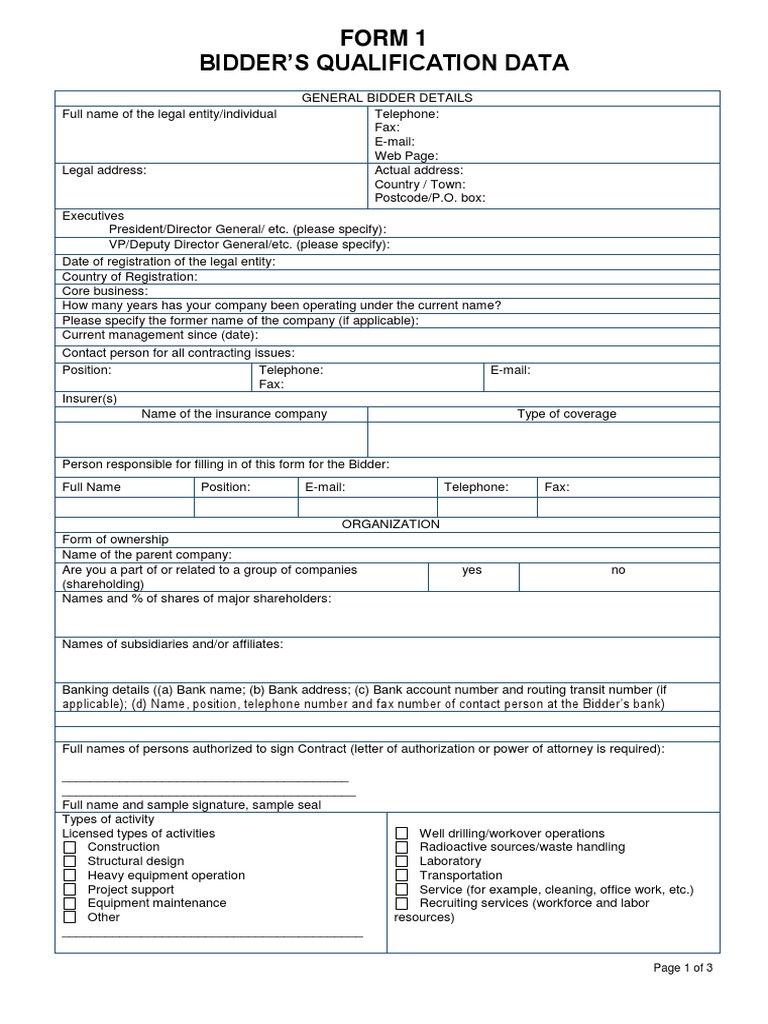 Bidder Qualification Data Form | PDF | Fax | Business