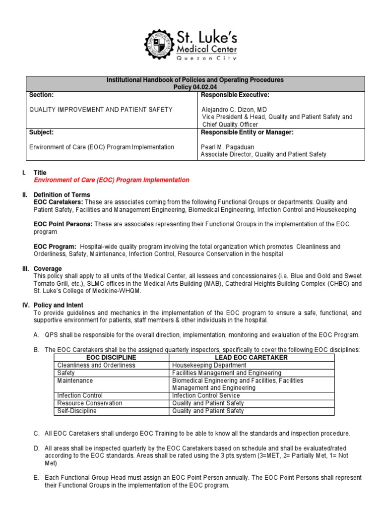 Eoc Program Implementation | PDF | Patient Safety | Biomedical Engineering