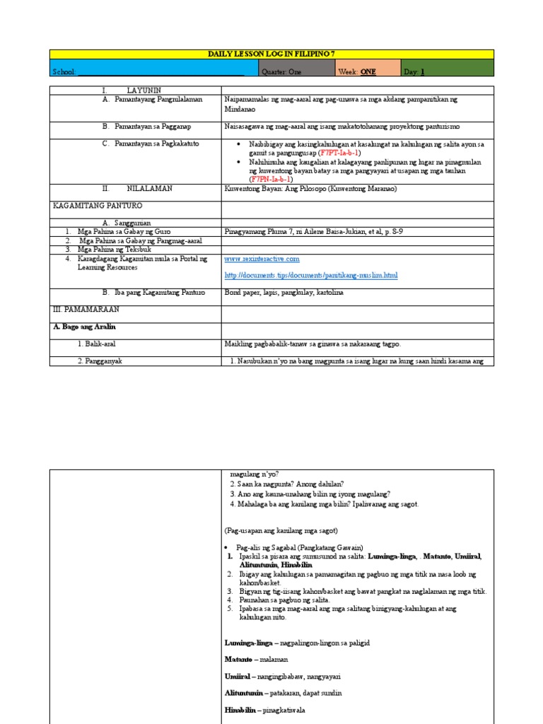 Daily Lesson Log in Filipino 7 | PDF