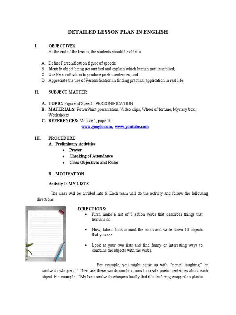 LP Personification | PDF | Learning | Lesson Plan