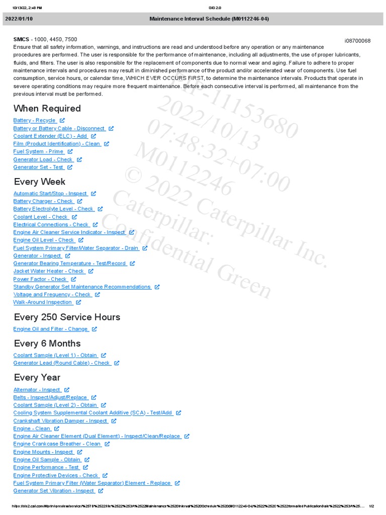 Maintenance Interval Schedule GENSET 250KVA | PDF | Motor Oil ...