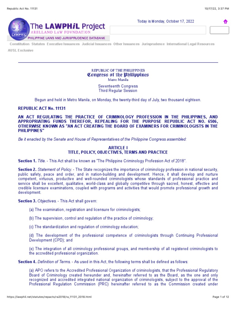 Republic Act No. 11131 | PDF | Licensure | Forensic Science