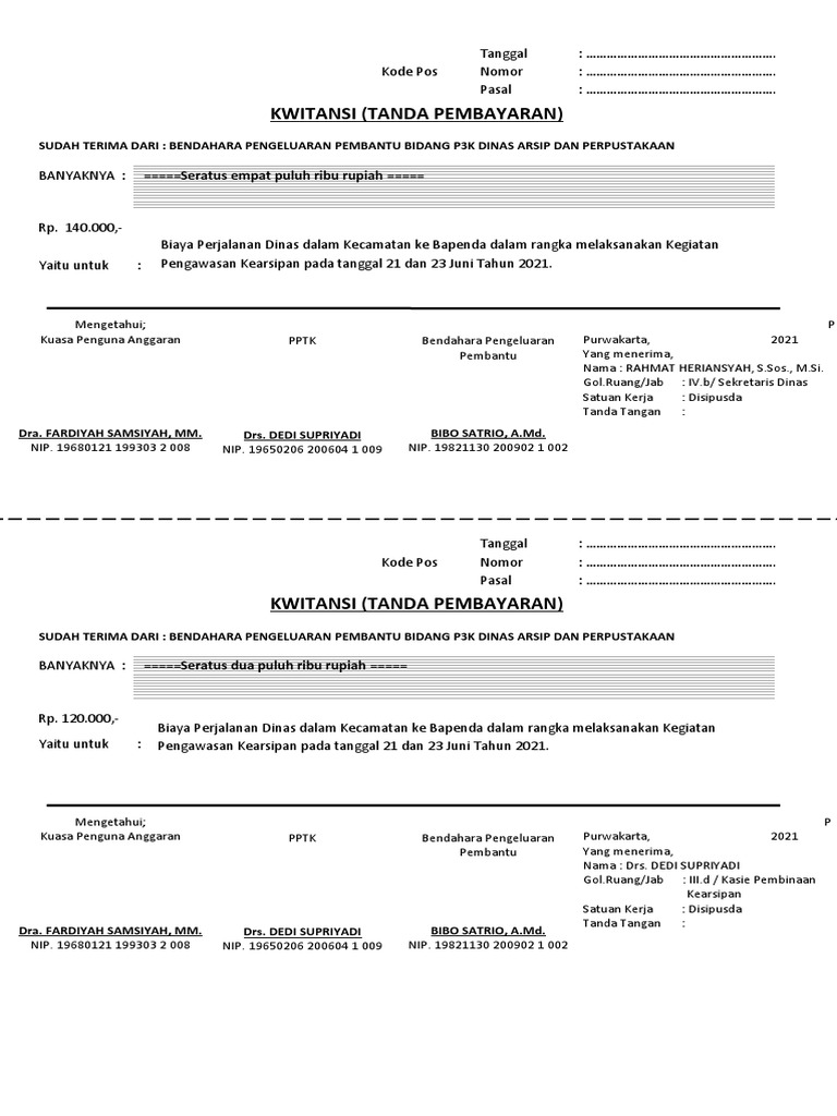 Kwitansi Pembayaran Biaya Perjalanan Dinas Pegawai Dinas Arsip dan ...