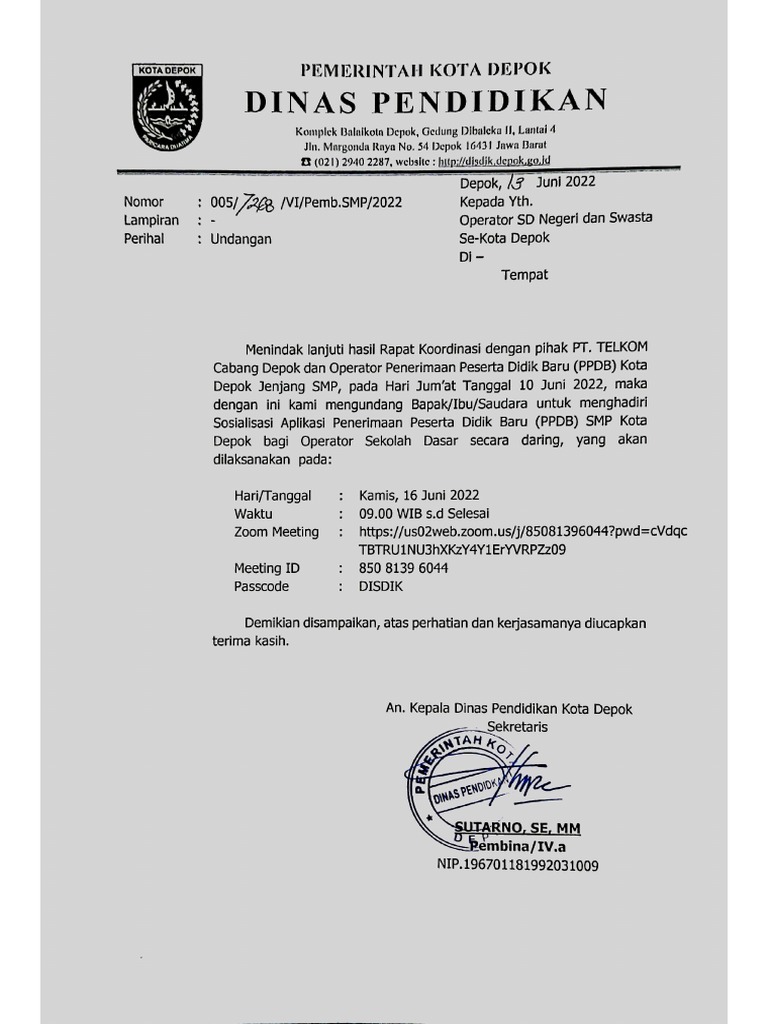 Surat Undangan ZOOM MEETING PPDB DG OPS SD | PDF