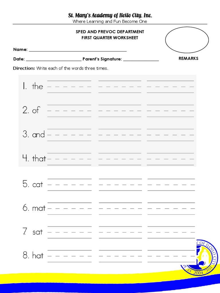 1st Quarter Worksheets SPED | PDF