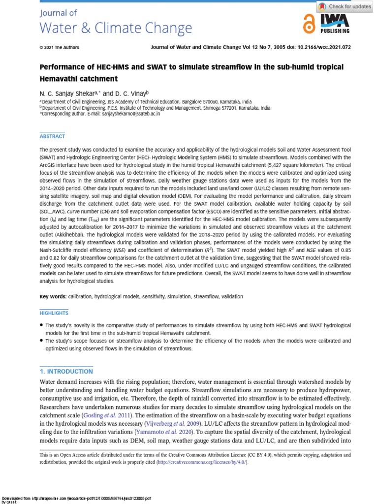 Performance of HEC-HMS and SWAT To Simulate Stream Ow in The Sub-Humid ...
