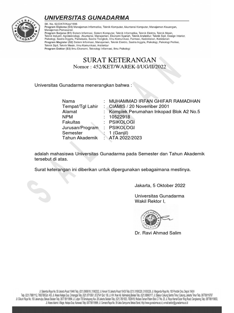 Surat Keterangan Mahasiswa Universitas Gunadarma | PDF