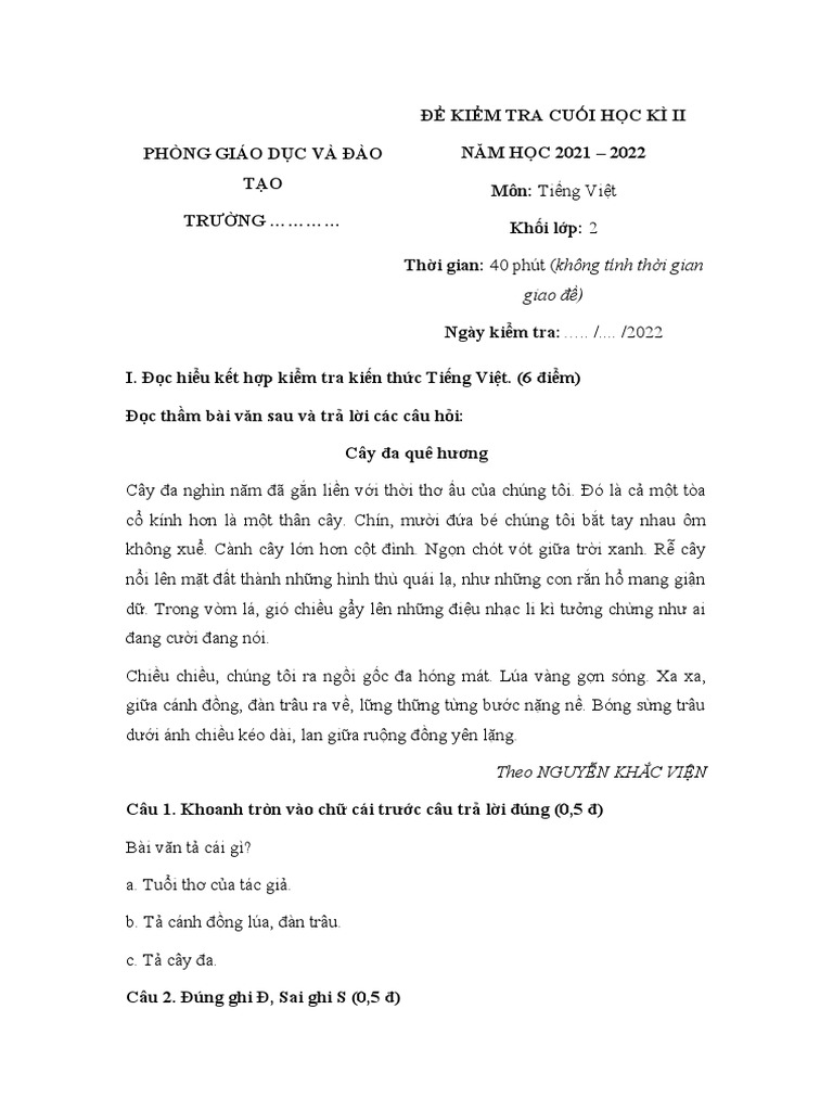 Bo de Thi Hoc Ki 2 Lop 2 Mon Tieng Viet Theo Thong Tu 27 | PDF