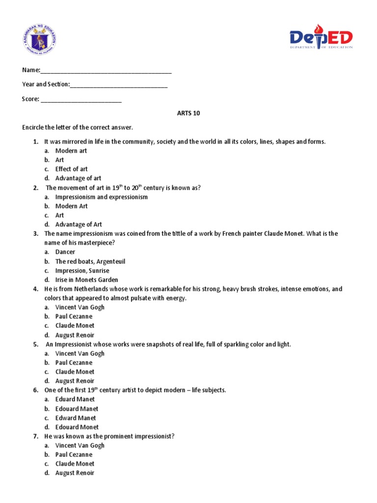 Grade 10 Exam Art | PDF | Impressionism | Claude Monet