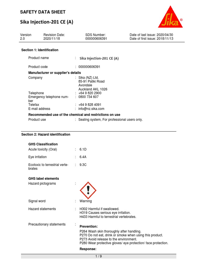 Sika Injection 201 CE Part A - MSDS | PDF | Dangerous Goods | Toxicity
