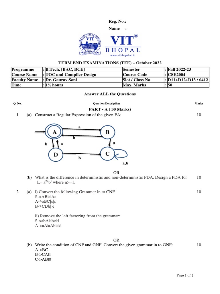 B.Tech TOC & Compiler Design Exam TEE | PDF | Formalism (Deductive) | Linguistics