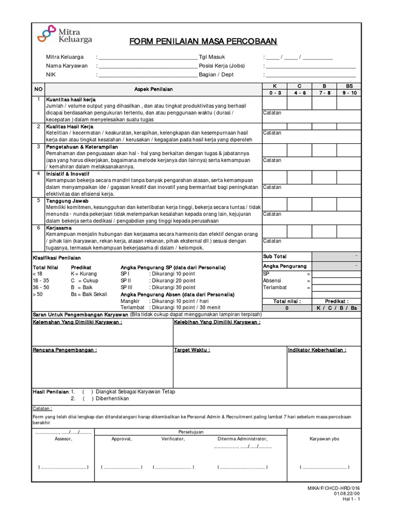 016 - Rev00 - Form Penilaian Masa Percobaan (M) | PDF