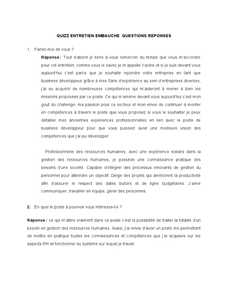 Questions d'entretien RH et réponses clés | PDF | Gestion des ...