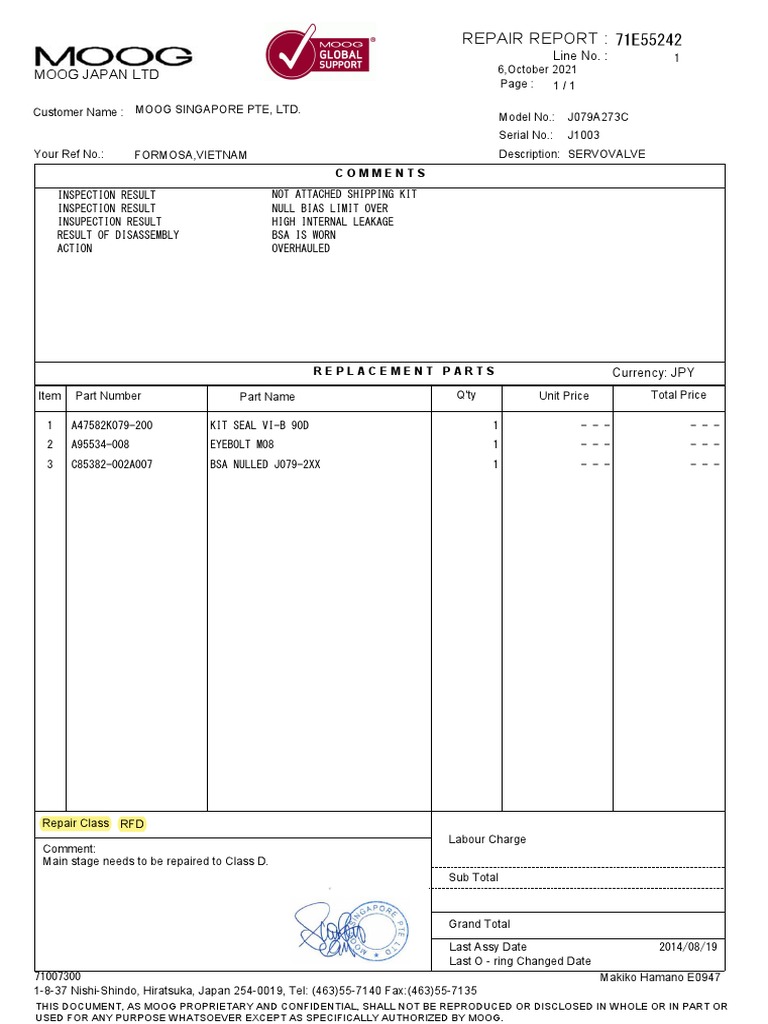 Moog Servovalve Repair Report | PDF | Manufactured Goods | Equipment