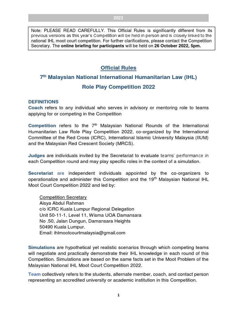 Ihl Role Play 2022 Rules and Regulations | PDF | Simulation | International Humanitarian Law