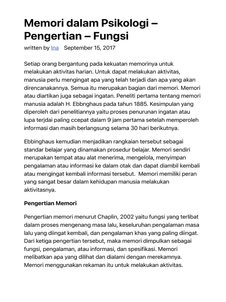 Memori Dalam Psikologi Pengertian Fungsi Pdf