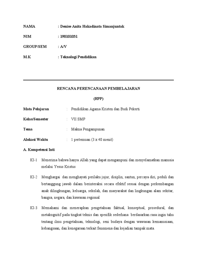 RPP KELAS 7 Makna Pengampunan | PDF | Karier & Perkembangan | Seni & Disiplin Bahasa