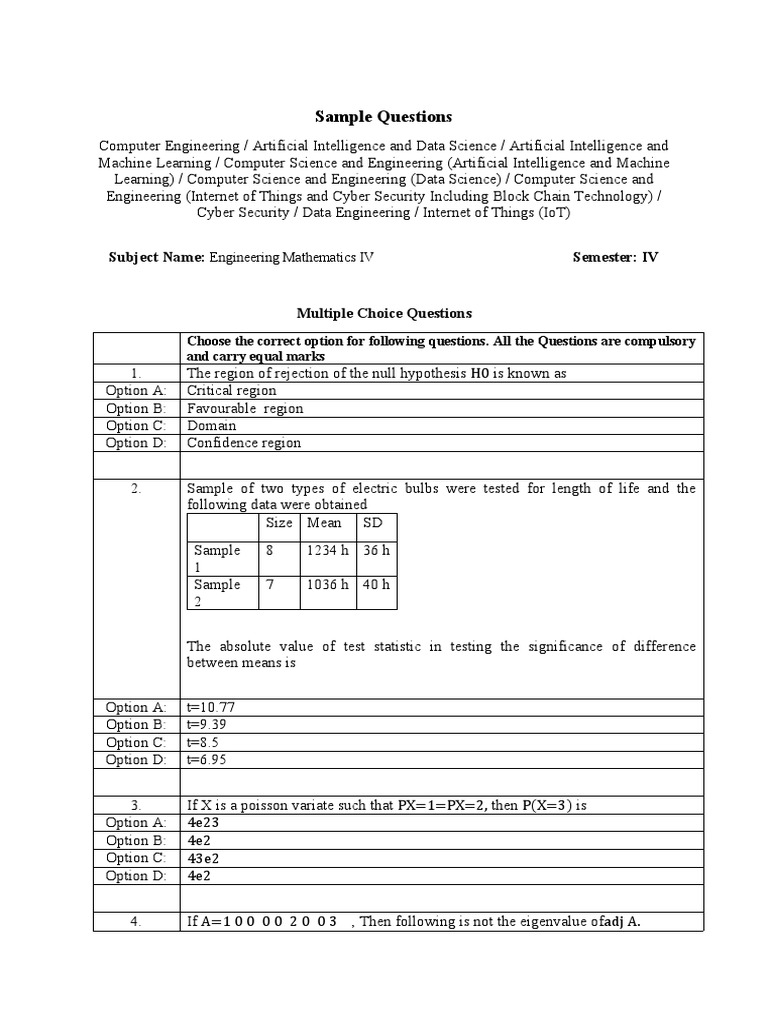 Comp R19 Sem IV CSC401 Engineering Mathematics IV Sample Questions | PDF | Eigenvalues And ...