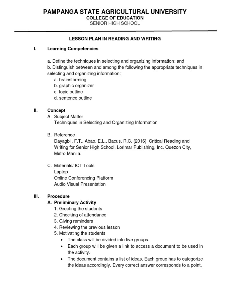 Sample-Lesson-Plan | PDF | Brainstorming | Lesson Plan
