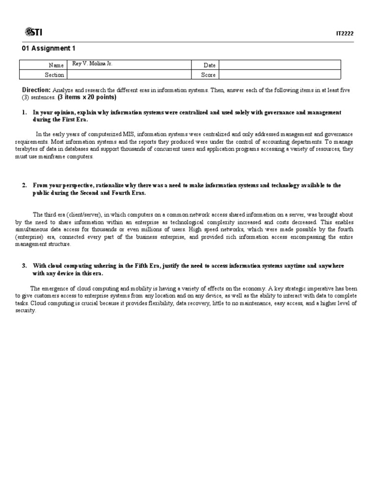 01 Assignment Information System Era's | PDF | Cloud Computing ...