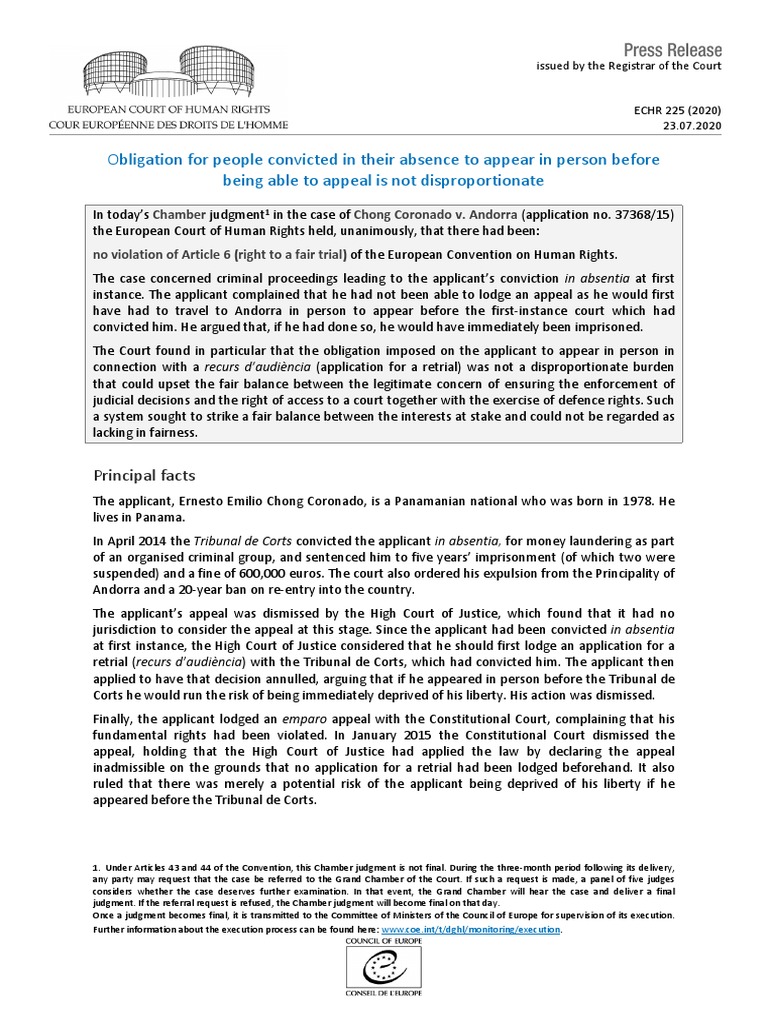 Judgment Chong Coronado v. Andorra - Obligation For People Convicted in ...