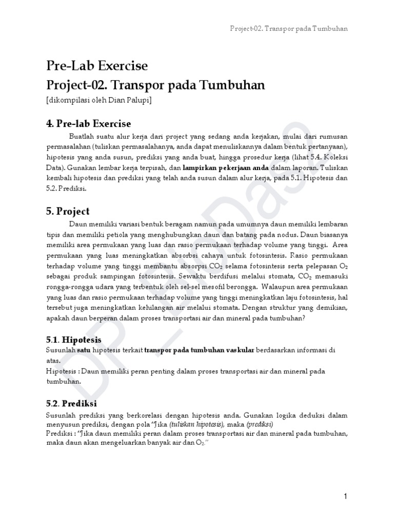 AVESSINA PUTRI SEDIANA 1 - Pre-Lab Exercise - Project-02. Transpor Pada Tumbuhan | PDF