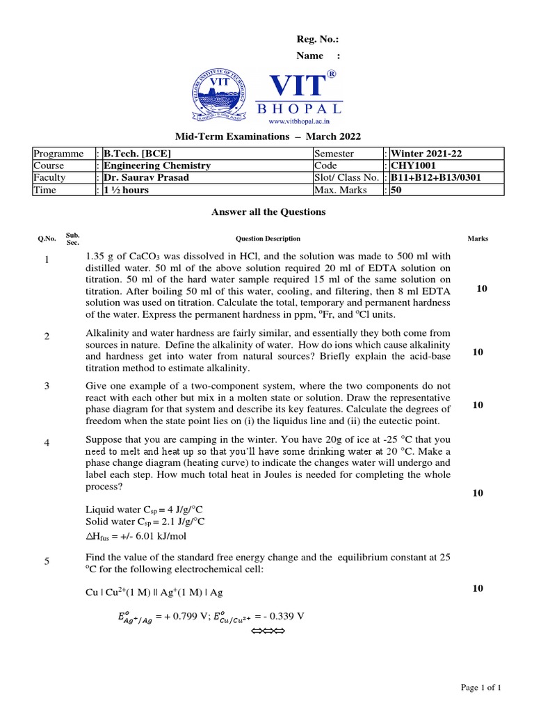 B11 - B12 - B13 - 0301 - CHY1001 - Engineering Chemistry | PDF | Water | Alkalinity