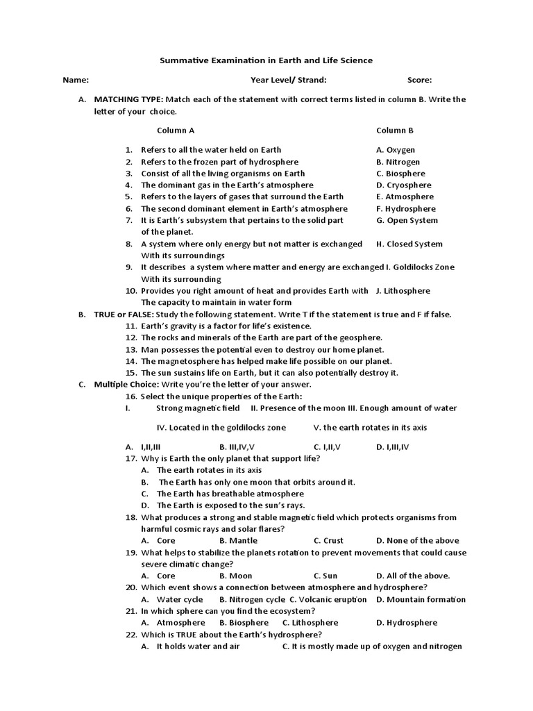 Summative Examination in Earth and Life Science | PDF | Earth | Atmosphere