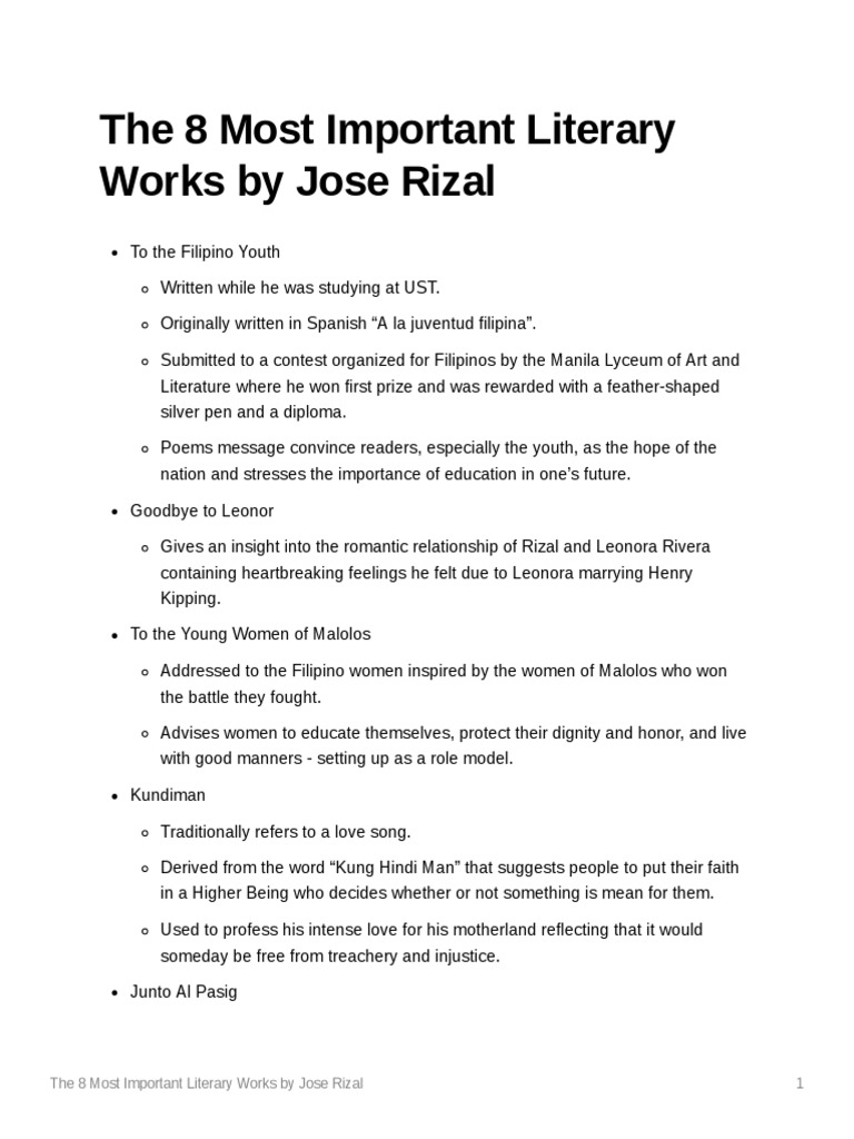 The 8 Most Important Literary Works by Jose Rizal | PDF | Philippines
