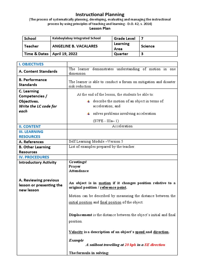 Grade 7 Science Lesson Plan: Acceleration | PDF | Acceleration | Velocity