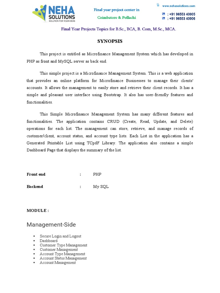 Microfinance Management System IN PHP NEHA SOLUTIONS 9655340006/ ...