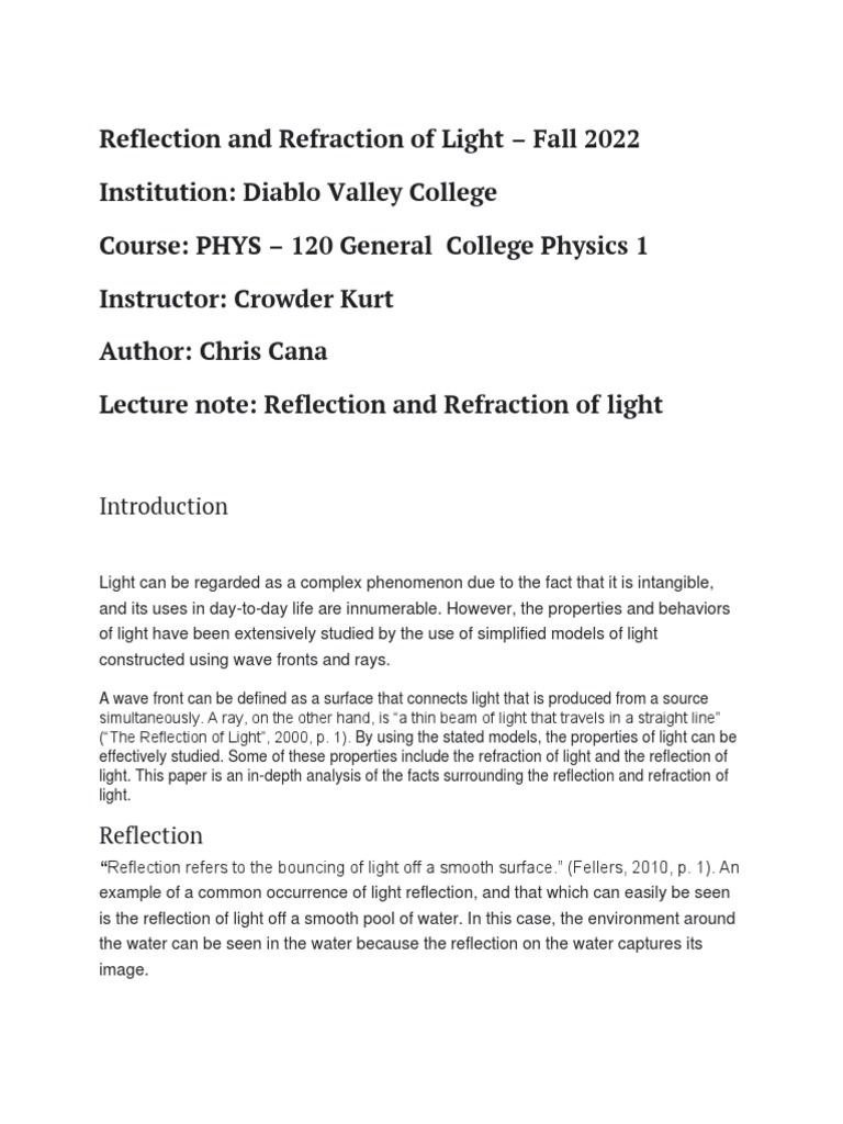 Reflection vs. Refraction of Light | PDF | Refraction | Reflection ...