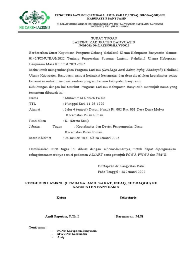 SK Tugas Lazisnu Utk Kec.2022 | PDF