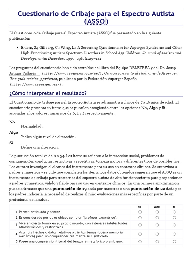 Cuestionario ASSQ para Espectro Autista | PDF | Autismo | Psicología ...